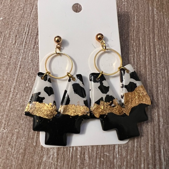 Jewelry | Handmade Polymer Clay Glossy Cow Spot Gold Flake Dangle ...